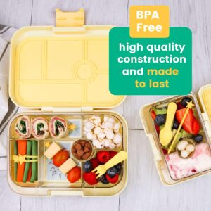 Kids Bento Lunch Box Yellow Accessories Kit, BPA FREE with Lifetime Replacement Guarantee, 18 Piece Set includes Food Picks, Wrap Bands, Forks and Spoons, reusable Silicone Cups