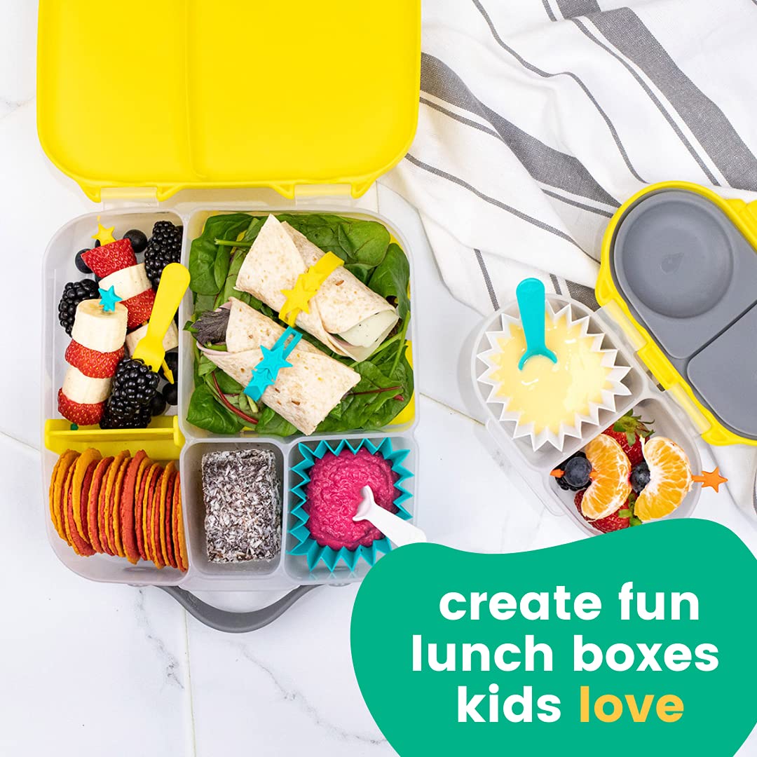 Kids Bento Lunch Box Yellow Accessories Kit, BPA FREE with Lifetime Replacement Guarantee, 18 Piece Set includes Food Picks, Wrap Bands, Forks and Spoons, reusable Silicone Cups