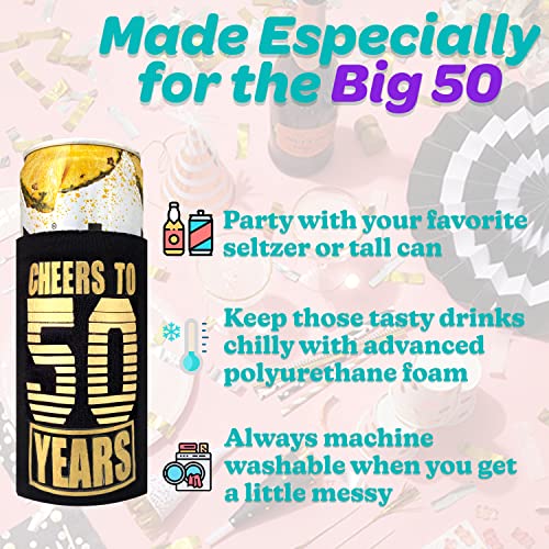 Thin Seltzer Can Cooler 12 Pack, Happy 50th Birthday Party Decorations for Men, Insulated Sleeves Dad's Birthday Decorations & Party Favors, 50th Birthday Gifts for Men, Black & Gold