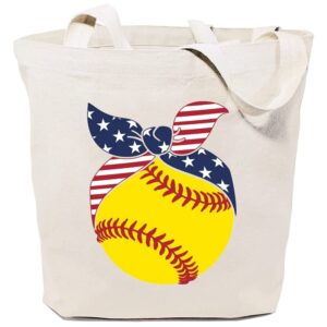 GXVUIS Softball Canvas Tote Bag for Women American Flag Bandana Reusable Travel Grocery Shoulder Shopping Bags Funny Gifts White