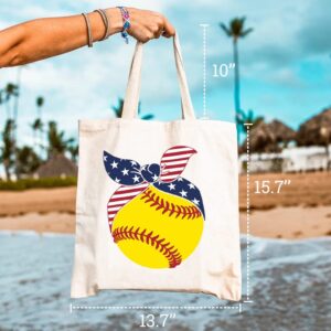 GXVUIS Softball Canvas Tote Bag for Women American Flag Bandana Reusable Travel Grocery Shoulder Shopping Bags Funny Gifts White