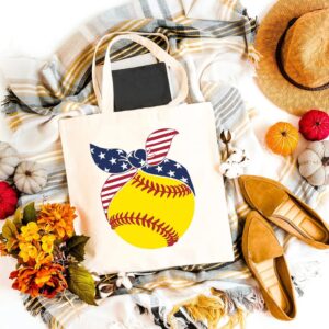 GXVUIS Softball Canvas Tote Bag for Women American Flag Bandana Reusable Travel Grocery Shoulder Shopping Bags Funny Gifts White