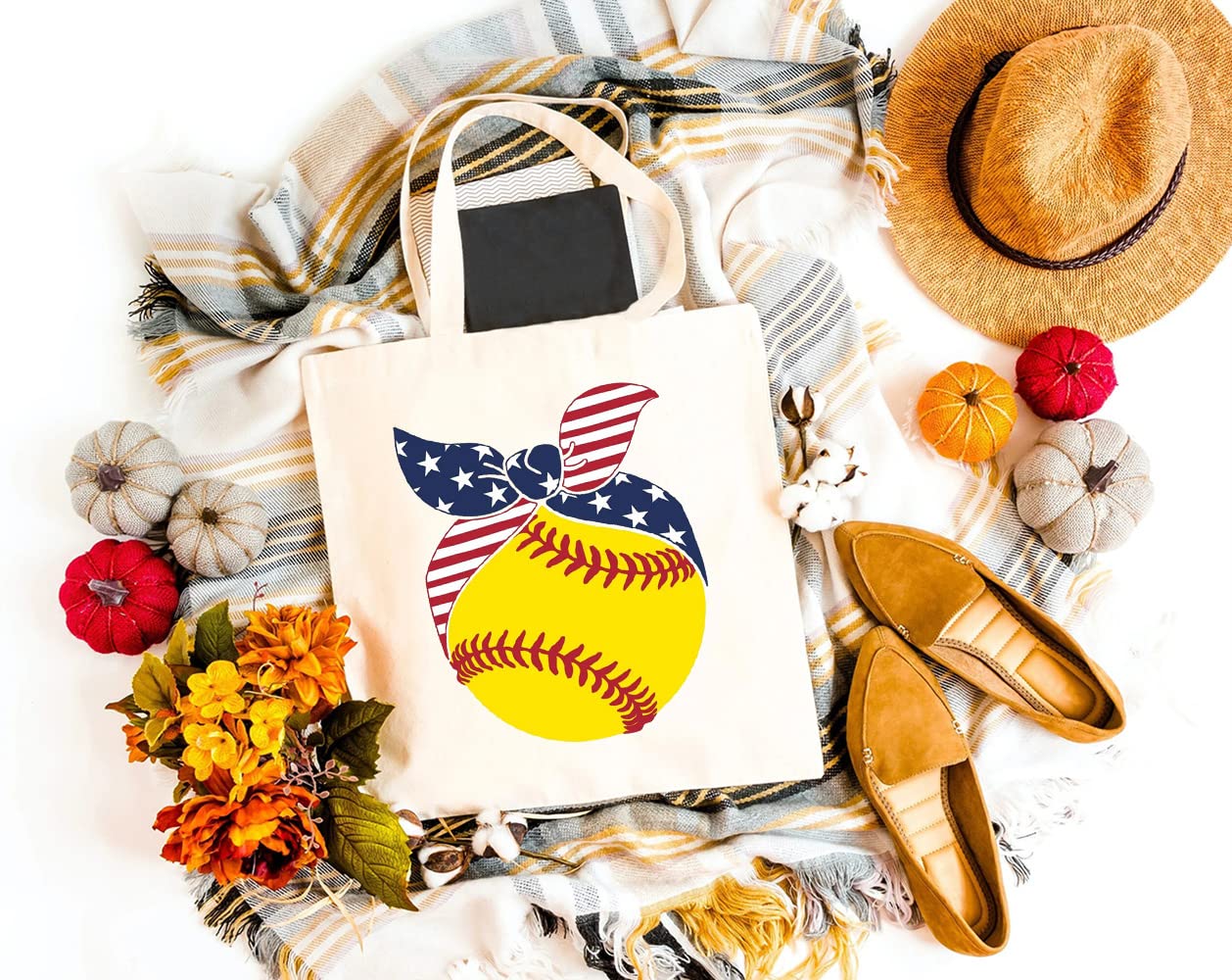 GXVUIS Softball Canvas Tote Bag for Women American Flag Bandana Reusable Travel Grocery Shoulder Shopping Bags Funny Gifts White