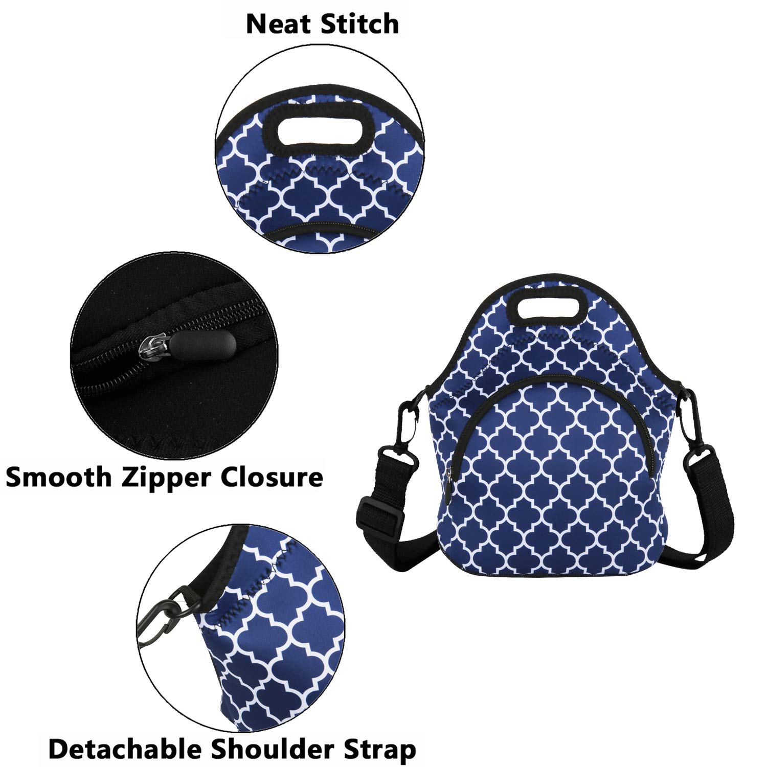 Armofit Blue Neoprene Lunch Bag Foldable Lunch Tote with Detachable Strap and Extra Pocket for Men Women Adult Work Office Picnic