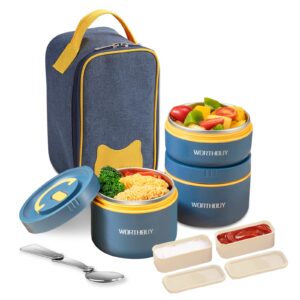 vandhome portable insulated lunch box set, microwave safe thermal bento lunch container for adults kids, 18/8 stainless steel keep warm food container with bag & sauce box (blue 3pcs 60oz)