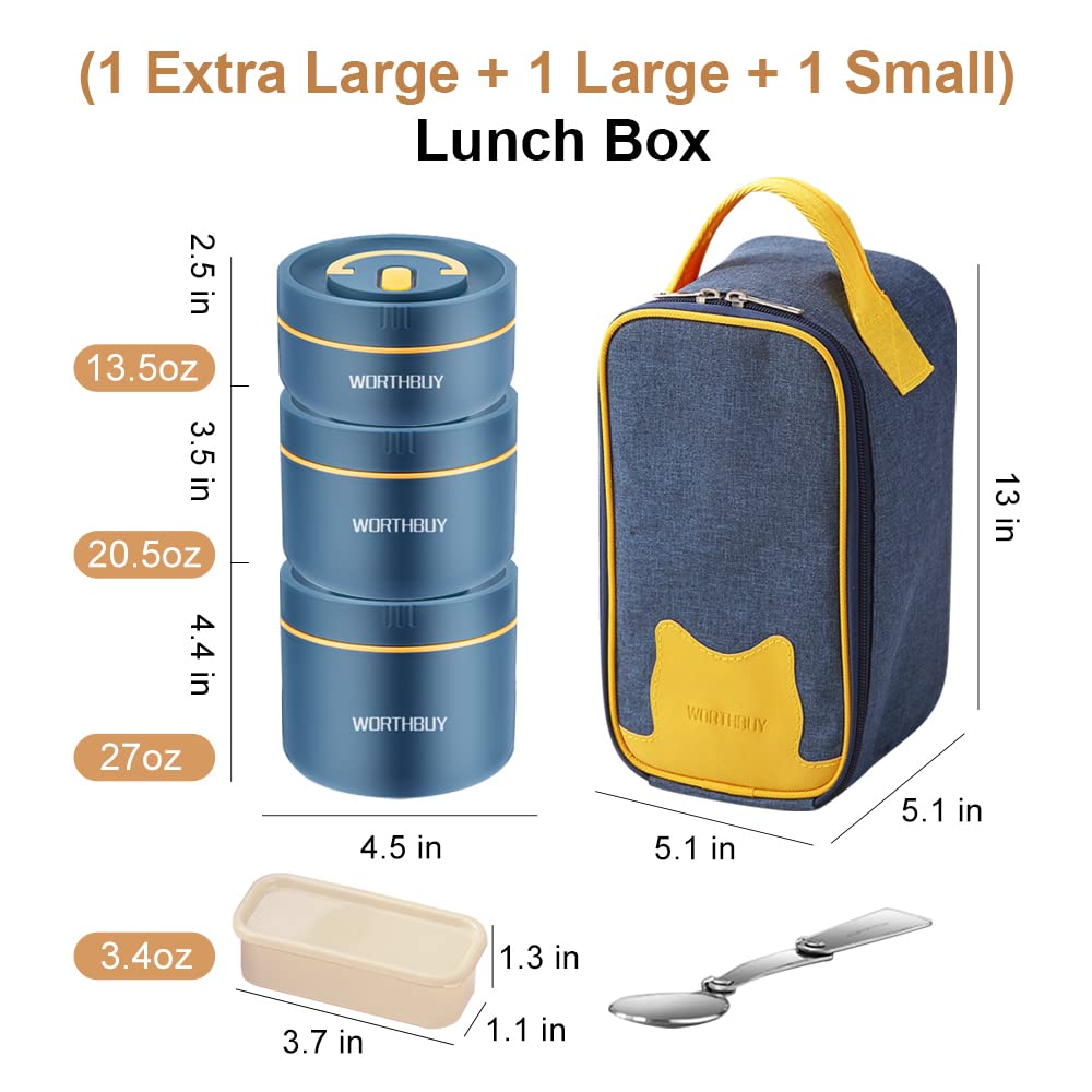 VANDHOME Portable Insulated Lunch Box Set, Microwave Safe Thermal Bento Lunch Container For Adults Kids, 18/8 Stainless Steel Keep Warm Food Container With Bag & Sauce Box (Blue 3Pcs 60oz)