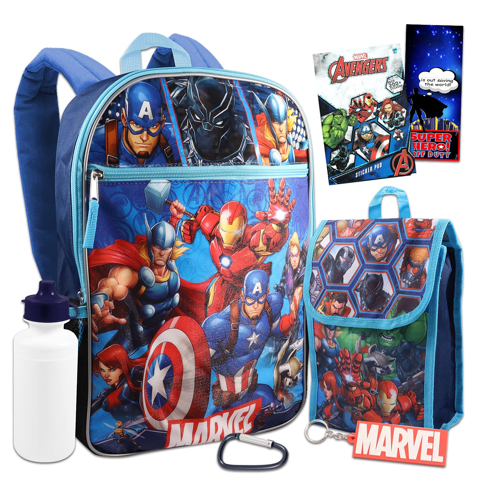 Marvel Avengers School Backpack Set ~ 8 Pc Bundle with 16" Avengers Superhero School Bag, Lunch Box, Water Bottle, Stickers, and More | Avengers School Supplies for Kids