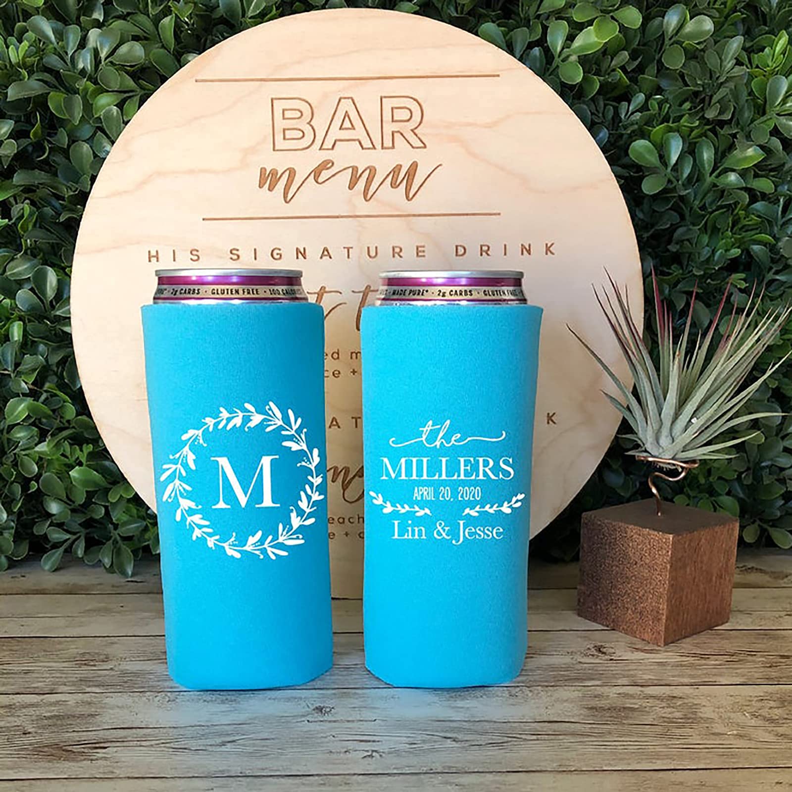 Customized Slim 12oz Wedding Can Coolers, Personalized Wedding Favors, bachelorette party favors Monogram Can Holders (Custom – Assorted, 100 Slim Can Cooler)