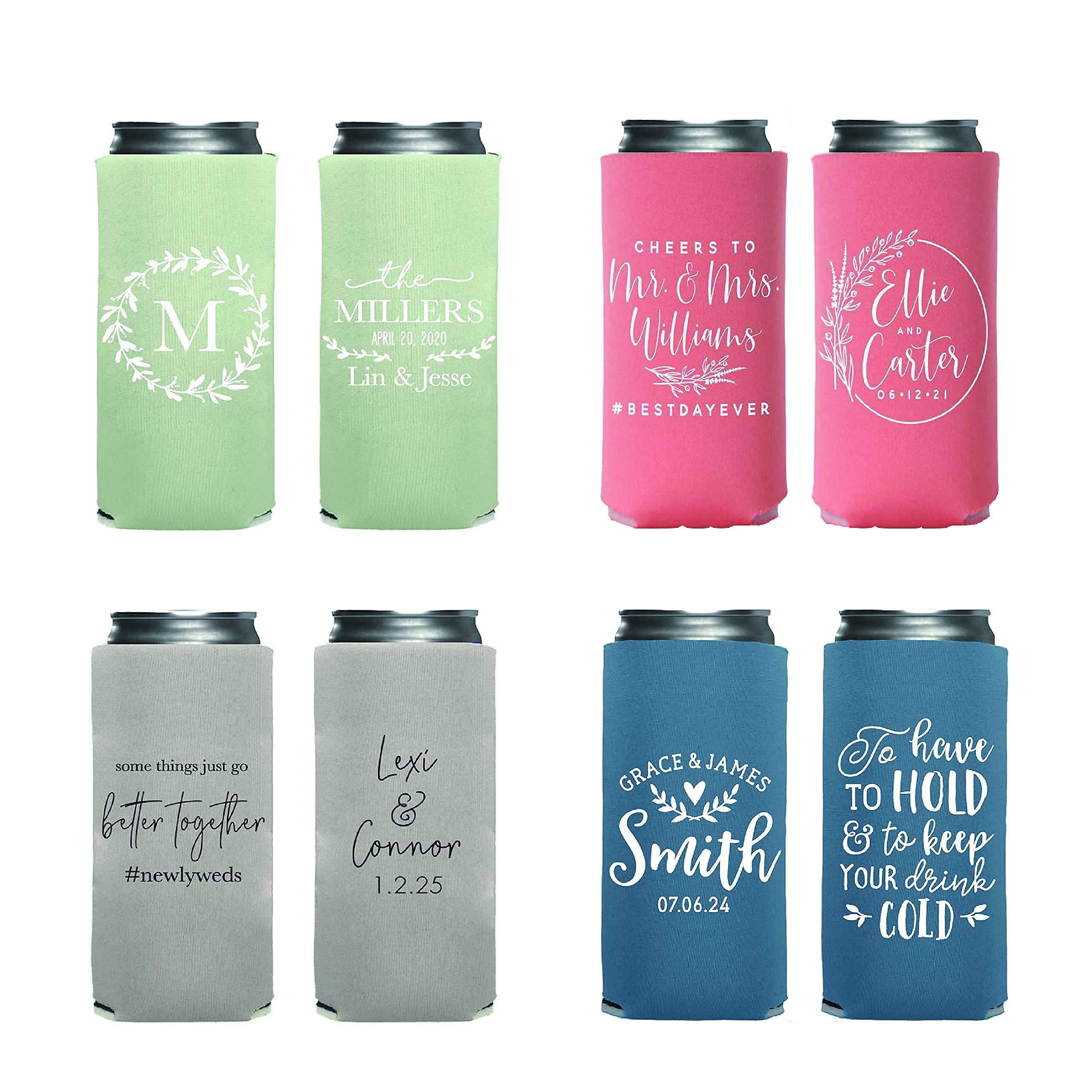 Customized Slim 12oz Wedding Can Coolers, Personalized Wedding Favors, bachelorette party favors Monogram Can Holders (Custom – Assorted, 100 Slim Can Cooler)