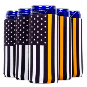 qualityperfection slim can cooler sleeves (6 pack) insulated, beer/energy drink neoprene 4mm thickness thermocoolers for 12 oz tall skinny beverage (waving usa flag)