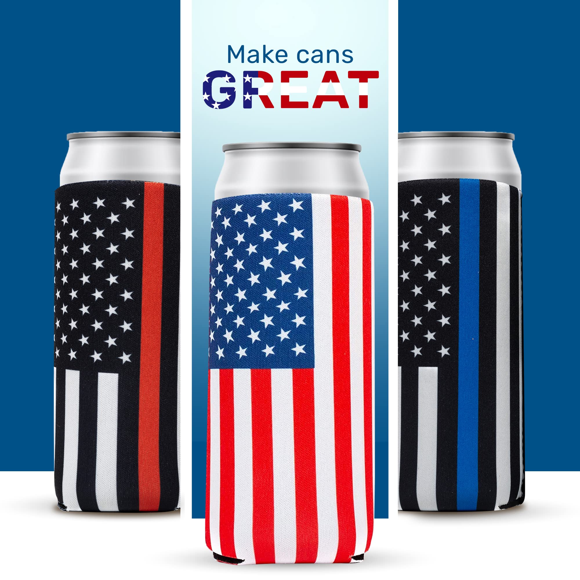 QualityPerfection Slim Can Cooler Sleeves (6 Pack) Insulated, Beer/Energy Drink Neoprene 4mm Thickness Thermocoolers for 12 oz Tall Skinny Beverage (Waving USA Flag)