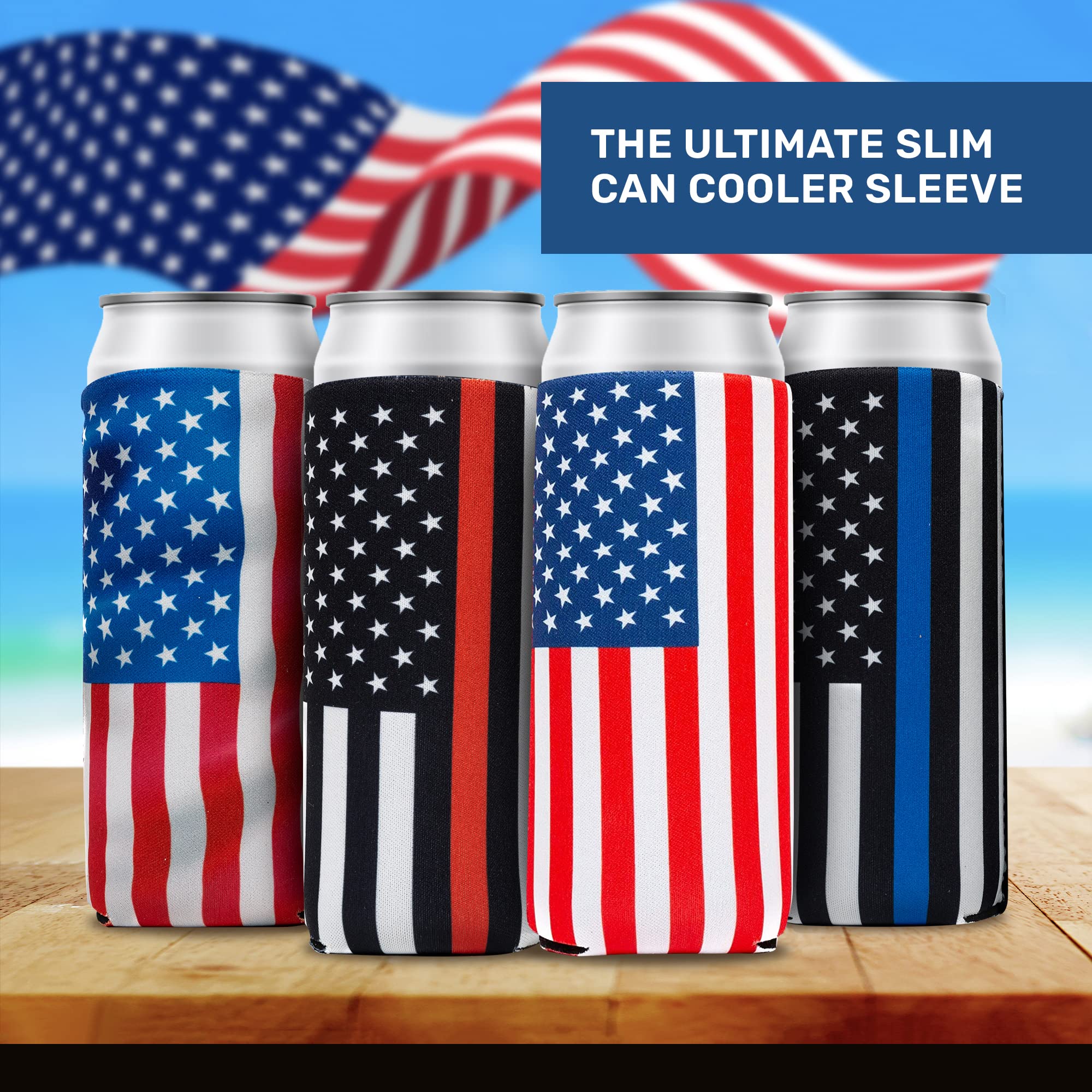 QualityPerfection Slim Can Cooler Sleeves (6 Pack) Insulated, Beer/Energy Drink Neoprene 4mm Thickness Thermocoolers for 12 oz Tall Skinny Beverage (Waving USA Flag)