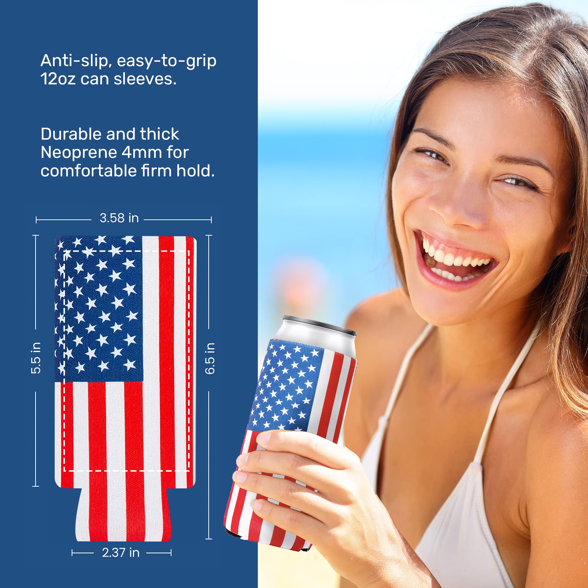 QualityPerfection Slim Can Cooler Sleeves (6 Pack) Insulated, Beer/Energy Drink Neoprene 4mm Thickness Thermocoolers for 12 oz Tall Skinny Beverage (Waving USA Flag)