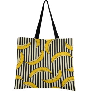 visesunny women's large canvas tote shoulder bag tropical banana stripe top storage handle shopping bag casual reusable tote bag for beach,travel,groceries,books