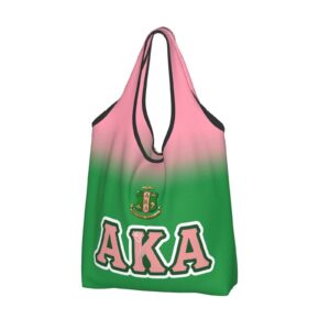 ggff aka tote shopping bags 15 inchx15.7 inch reruseable washable waterproof grocery bag sorority shopping bag is 4.3 inchx 4.7 inch folded bag fits in pocket, pink-green, one size