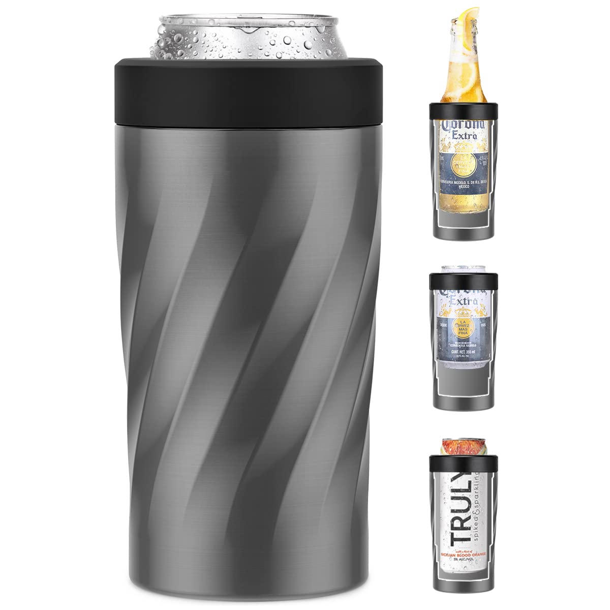 4 in 1 Slim beer can cooler for all 12 OZ Cans- Double Walled Stainless Steel Can Insulator Keep 8 Hours Cold- Thread Design Easy to Hold-Upgrade Insulated Can Cooler Fits Most Car Cup Holders