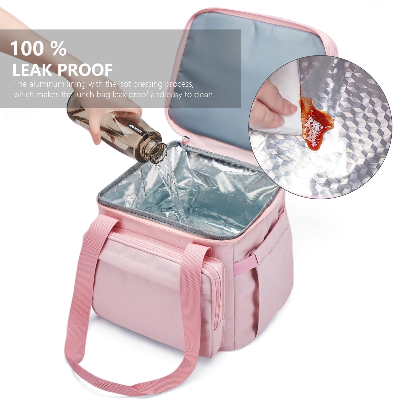 gelugee Lunch Bag Women,Double Deck Lunch Box for Men, Insulated Lunch Cooler Tote Bag, Waterproof Adult Lunchbox, 15L Large Pink Lunch Pail for Work Office Picnic