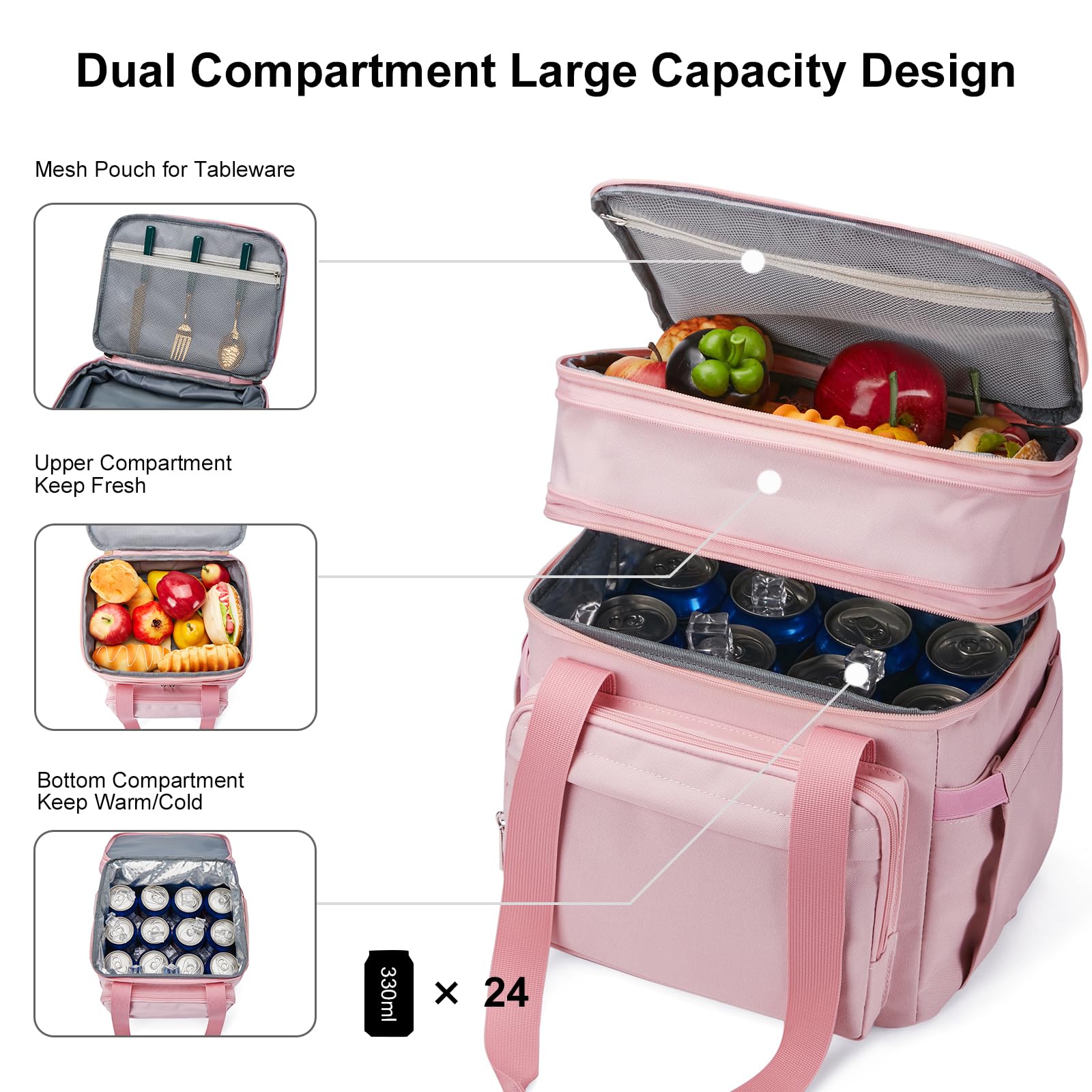 gelugee Lunch Bag Women,Double Deck Lunch Box for Men, Insulated Lunch Cooler Tote Bag, Waterproof Adult Lunchbox, 15L Large Pink Lunch Pail for Work Office Picnic