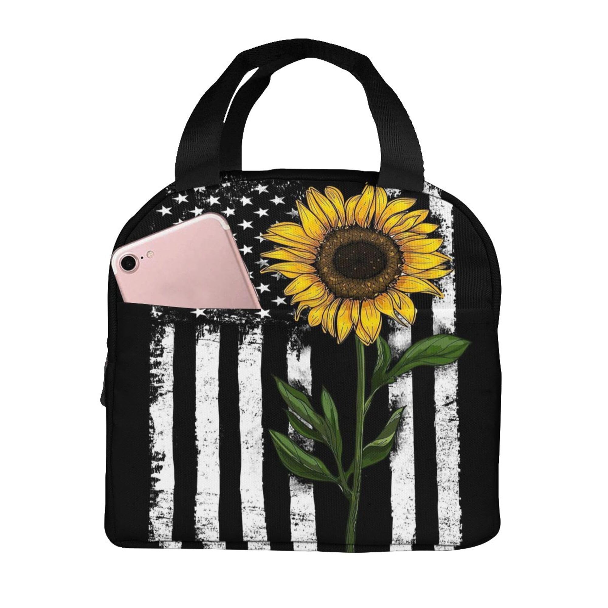 Sunflower And American Flag Insulated Lunch Bag Lunch Box Lunch Tote Cooler Reusable Lunch Pail Outdoors Meal Bag For Men/Womens