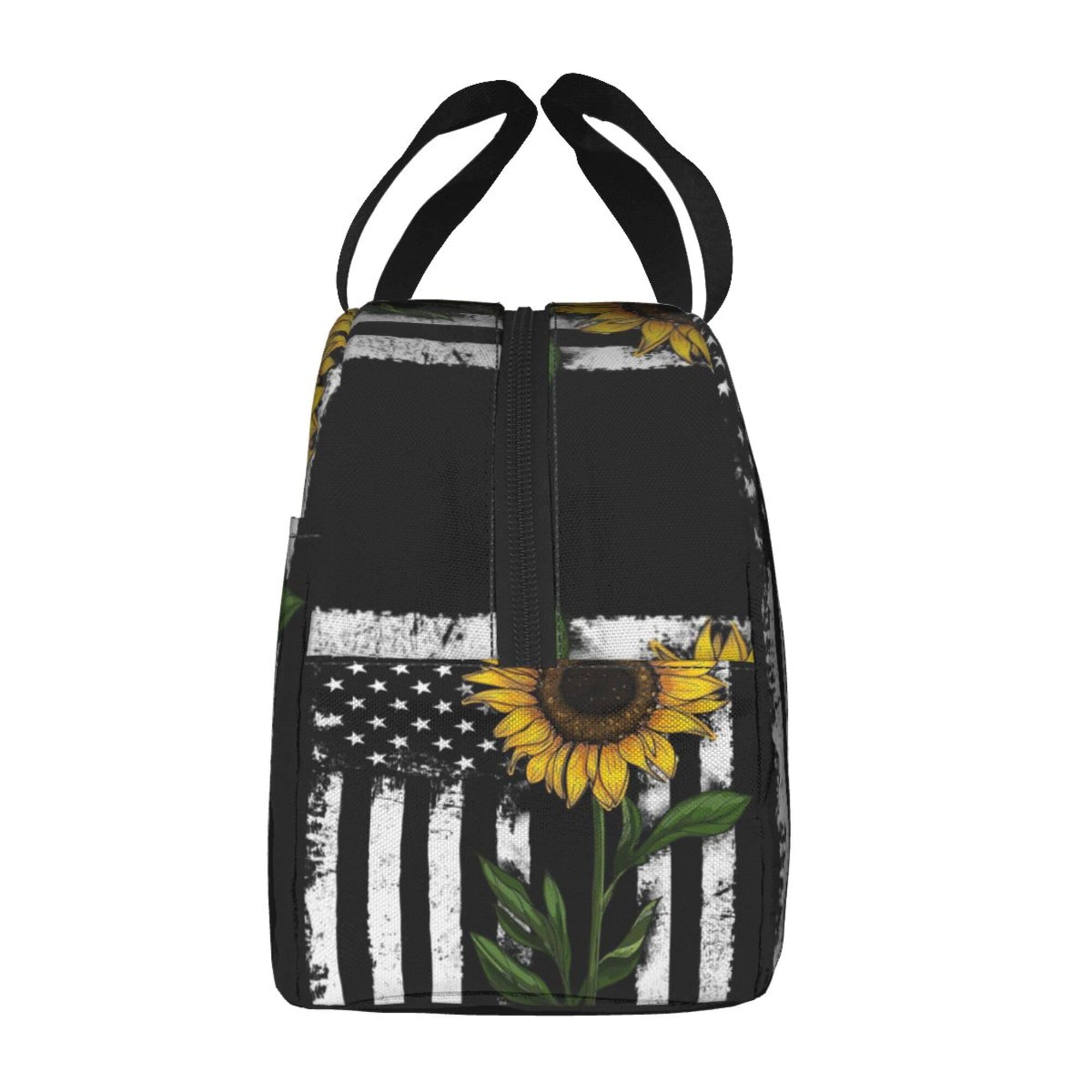 Sunflower And American Flag Insulated Lunch Bag Lunch Box Lunch Tote Cooler Reusable Lunch Pail Outdoors Meal Bag For Men/Womens