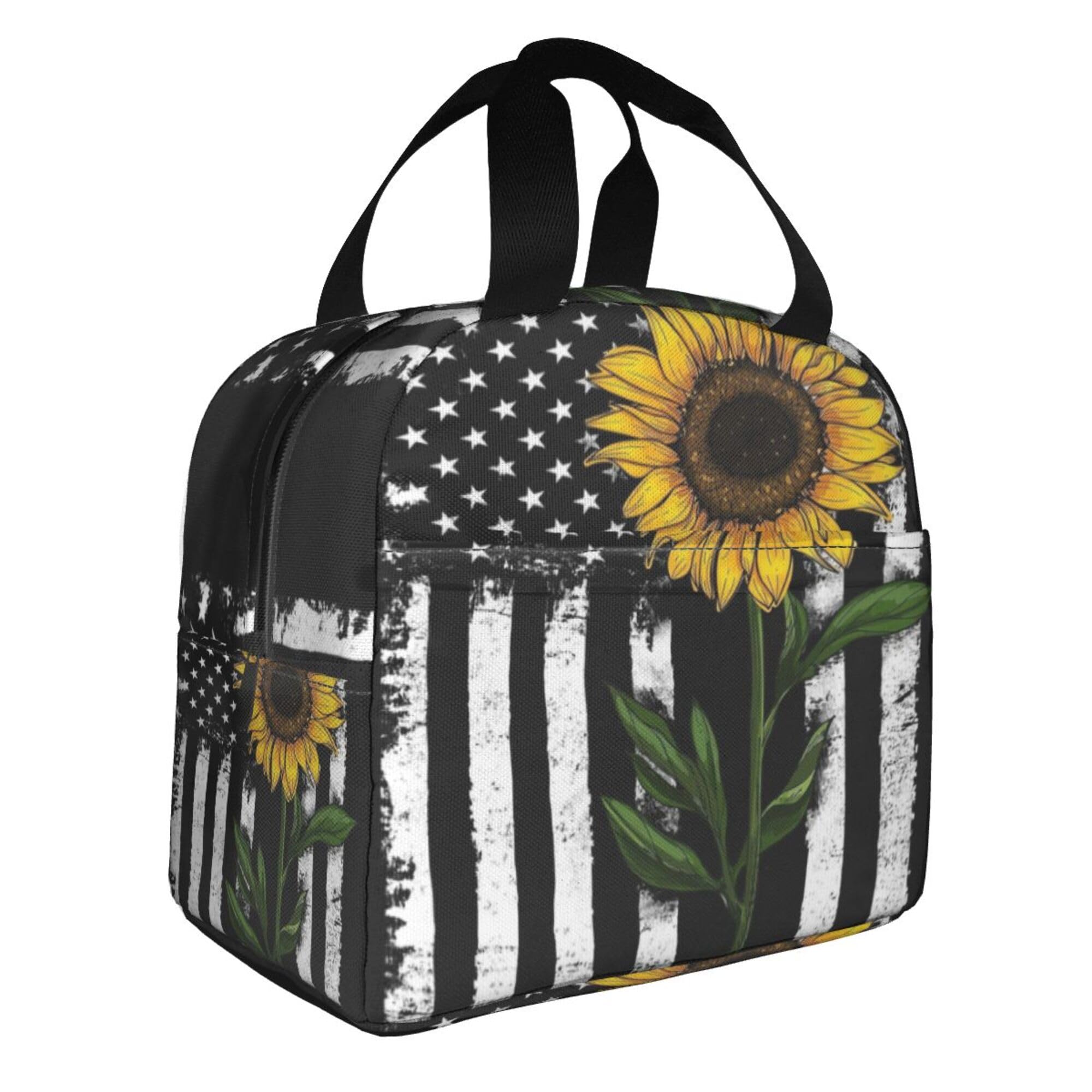 Sunflower And American Flag Insulated Lunch Bag Lunch Box Lunch Tote Cooler Reusable Lunch Pail Outdoors Meal Bag For Men/Womens