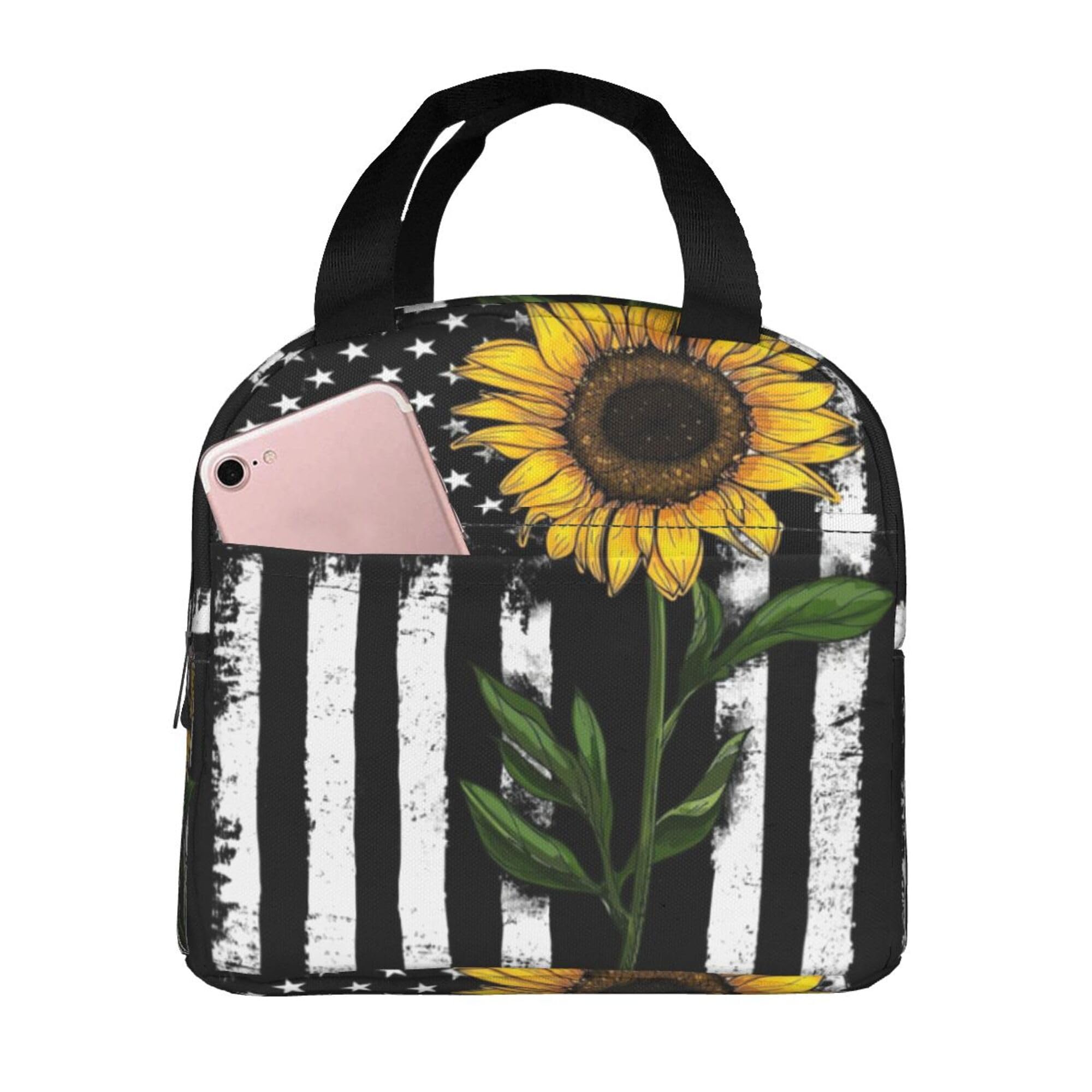 Sunflower And American Flag Insulated Lunch Bag Lunch Box Lunch Tote Cooler Reusable Lunch Pail Outdoors Meal Bag For Men/Womens