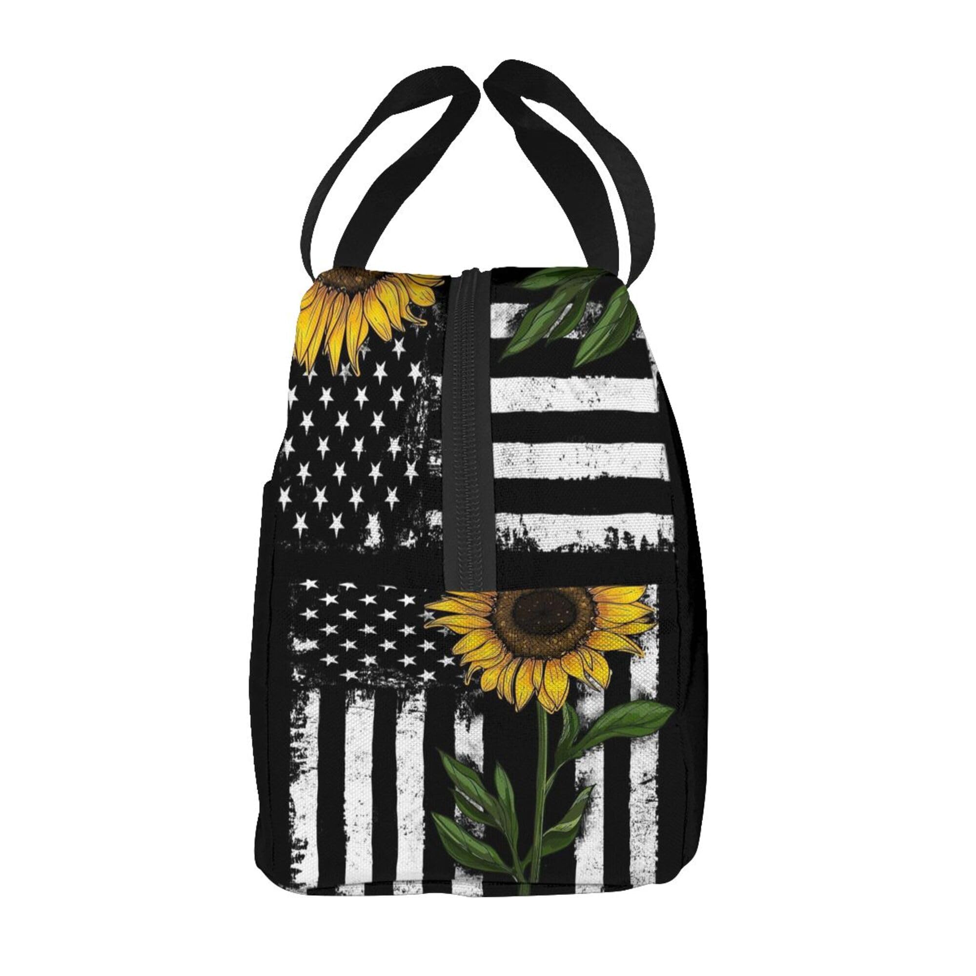 Sunflower And American Flag Insulated Lunch Bag Lunch Box Lunch Tote Cooler Reusable Lunch Pail Outdoors Meal Bag For Men/Womens