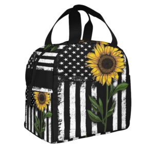 Sunflower And American Flag Insulated Lunch Bag Lunch Box Lunch Tote Cooler Reusable Lunch Pail Outdoors Meal Bag For Men/Womens