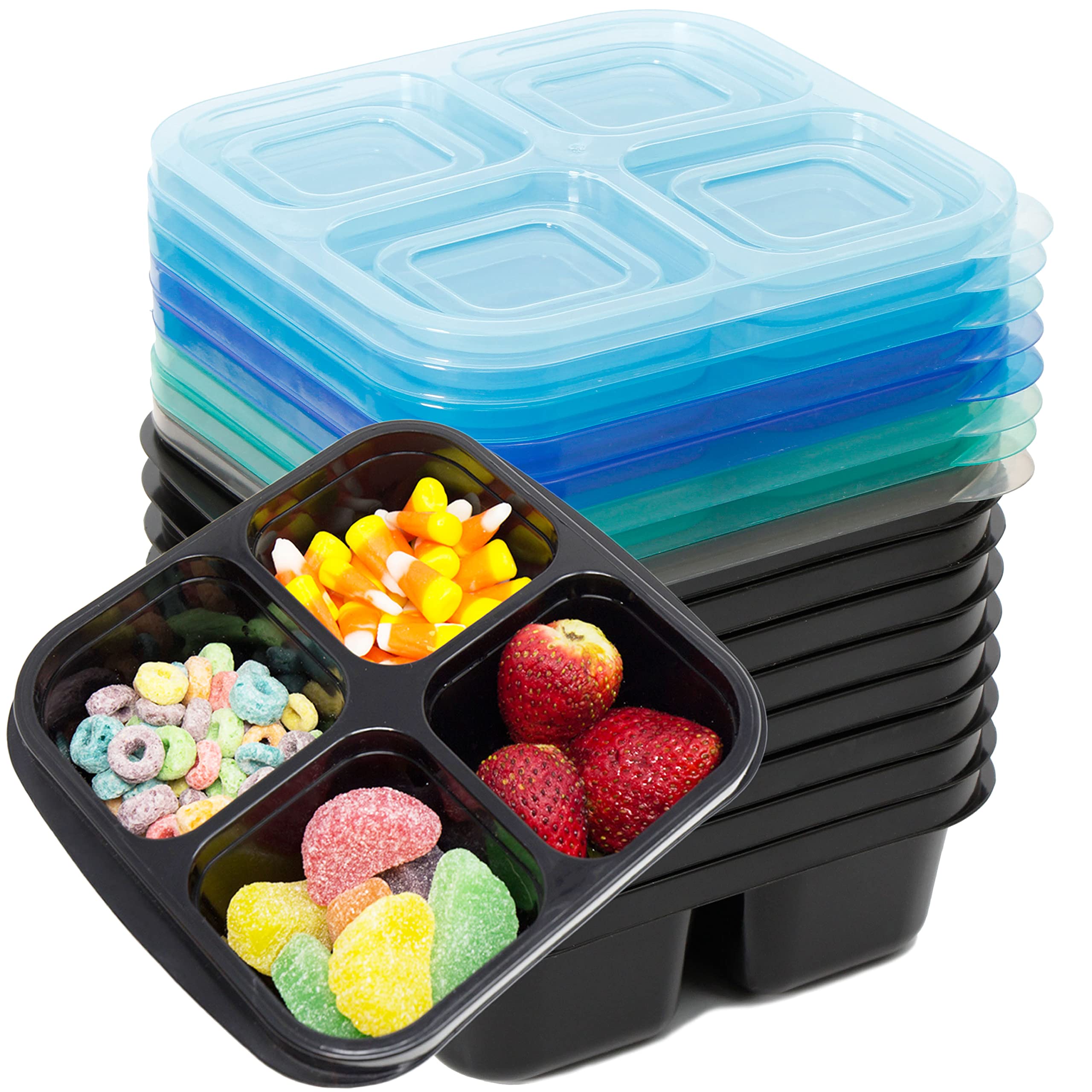 Youngever 8 Pack 4-Compartment Reusable Snack Box Food Containers, Bento Lunch Box, Meal Prep Containers, Divided Food Storage Containers (Coastal Color)