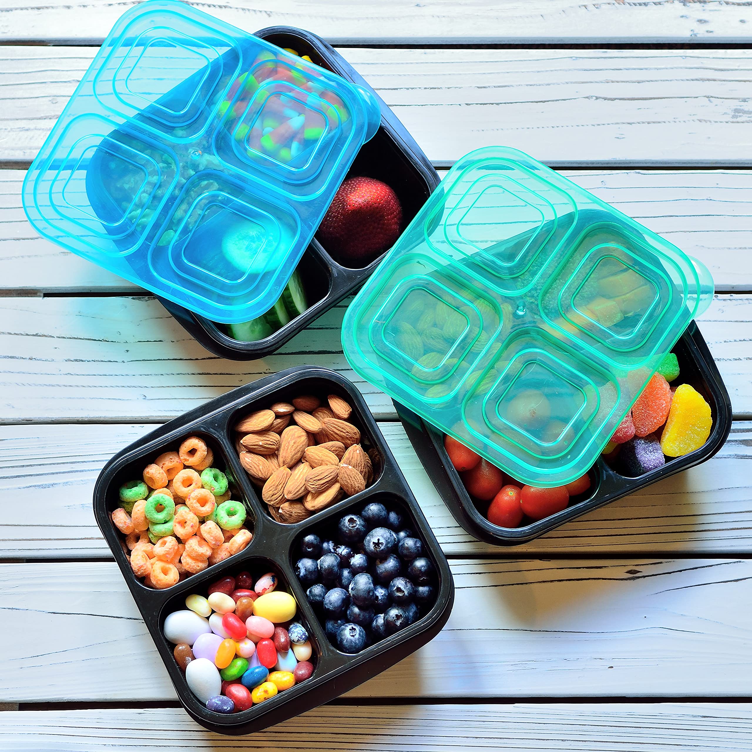 Youngever 8 Pack 4-Compartment Reusable Snack Box Food Containers, Bento Lunch Box, Meal Prep Containers, Divided Food Storage Containers (Coastal Color)