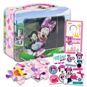 classic disney minnie mouse tin lunch box puzzle bundle ~ minnie mouse lunchbox with minnie puzzle 24 piece for kids, minnie mouse stickers, and more (minnie school supplies), minnie mouse tin box