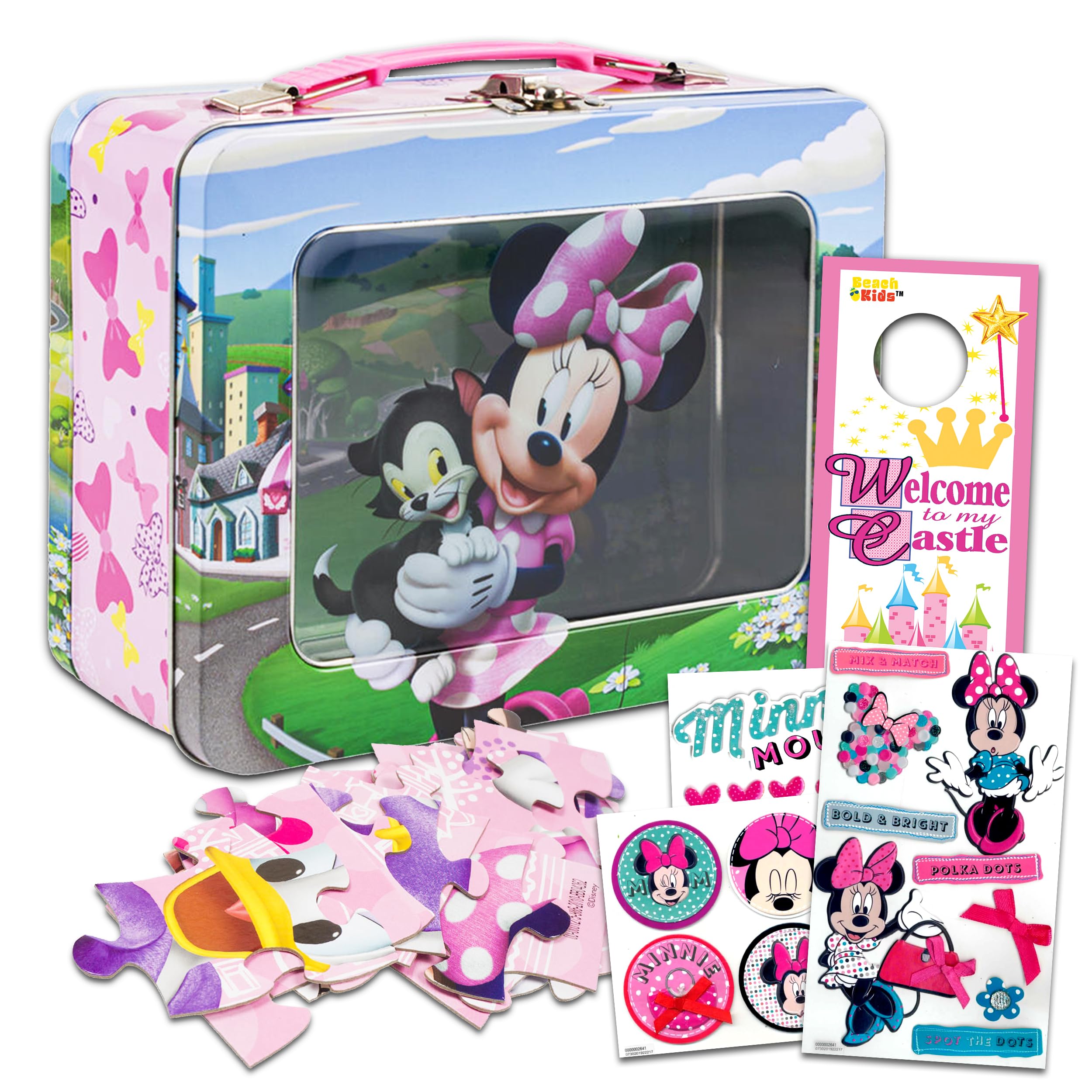 Classic Disney Minnie Mouse Tin Lunch Box Puzzle Bundle ~ Minnie Mouse Lunchbox with Minnie Puzzle 24 Piece for Kids, Minnie Mouse Stickers, and More (Minnie School Supplies), Minnie Mouse tin box