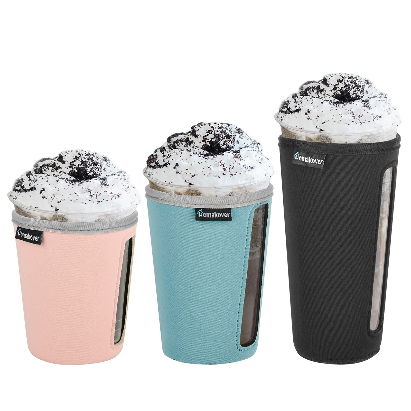 3 Pack Reusable Iced Coffee Cup Insulator Sleeve with View Window Neoprene Holder Iced Coffee Sleeve for Cold Beverages Cups