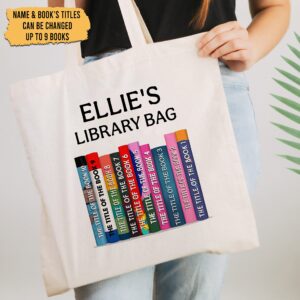 Hyturtle Personalized Library Bag A Stack Of Books Canvas Tote Bags, Customized Name & Book For Travel, Grocery Shopping Tote Bag, Gifts For Women, Reading Lovers, Book Lovers On Birthday