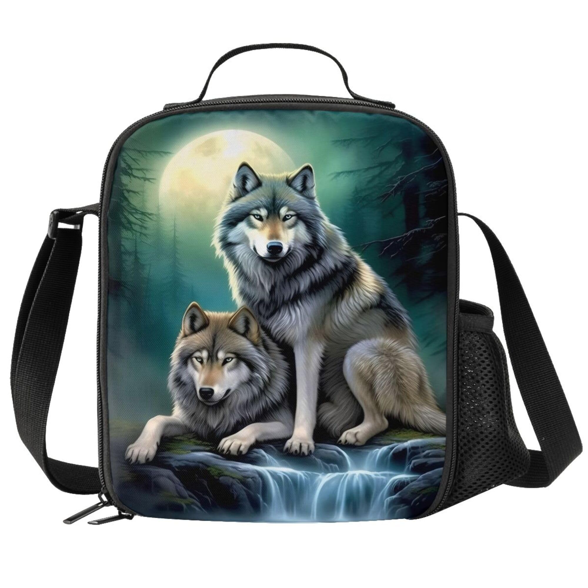 PrelerDIY Wolf Lunch Box - Insulated Lunch Box for Kids Funny 3D Design with Side Pocket & Shoulder Strap Lunch Bag Perfect for School/Camping/Hiking/Picnic/Beach/Travel