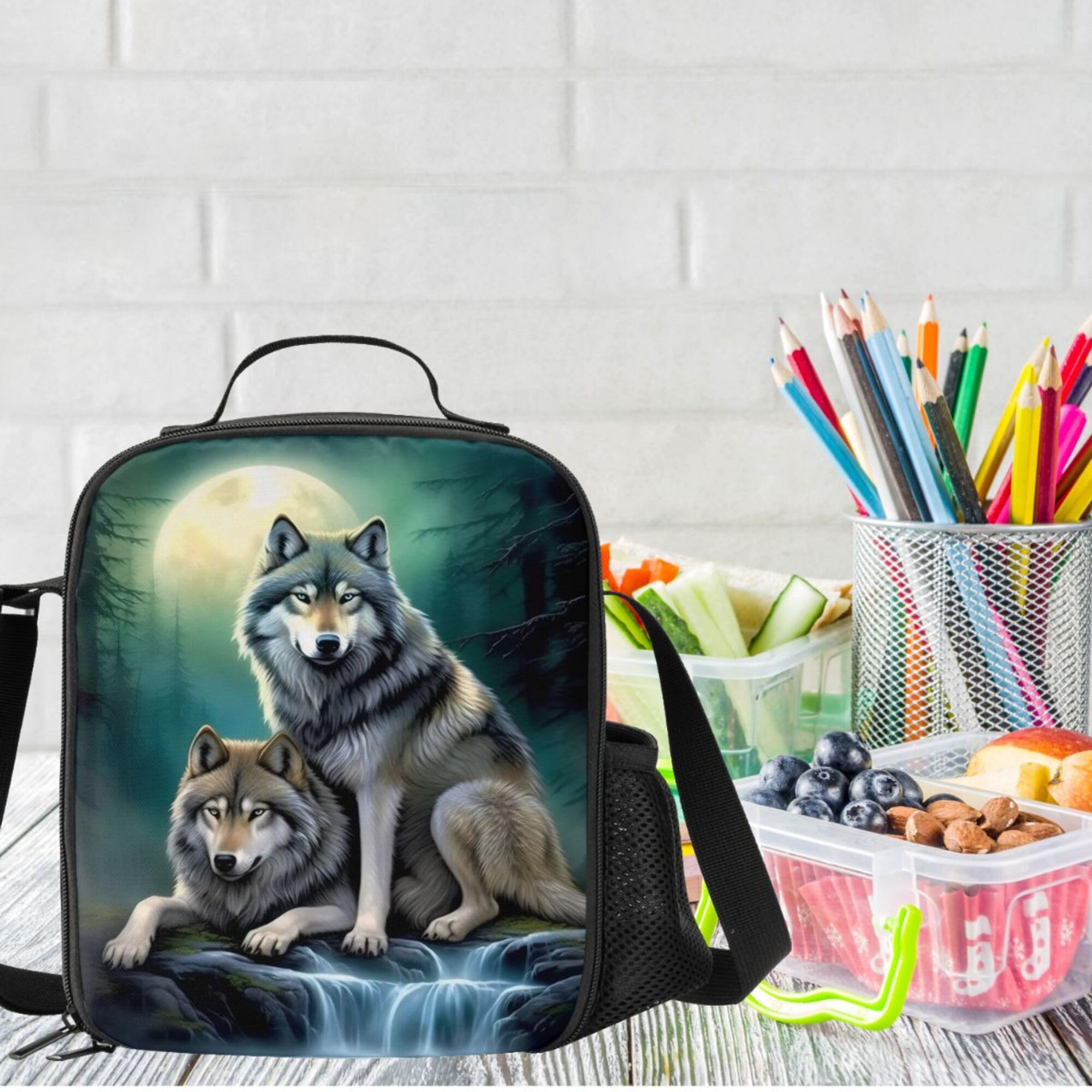 PrelerDIY Wolf Lunch Box - Insulated Lunch Box for Kids Funny 3D Design with Side Pocket & Shoulder Strap Lunch Bag Perfect for School/Camping/Hiking/Picnic/Beach/Travel