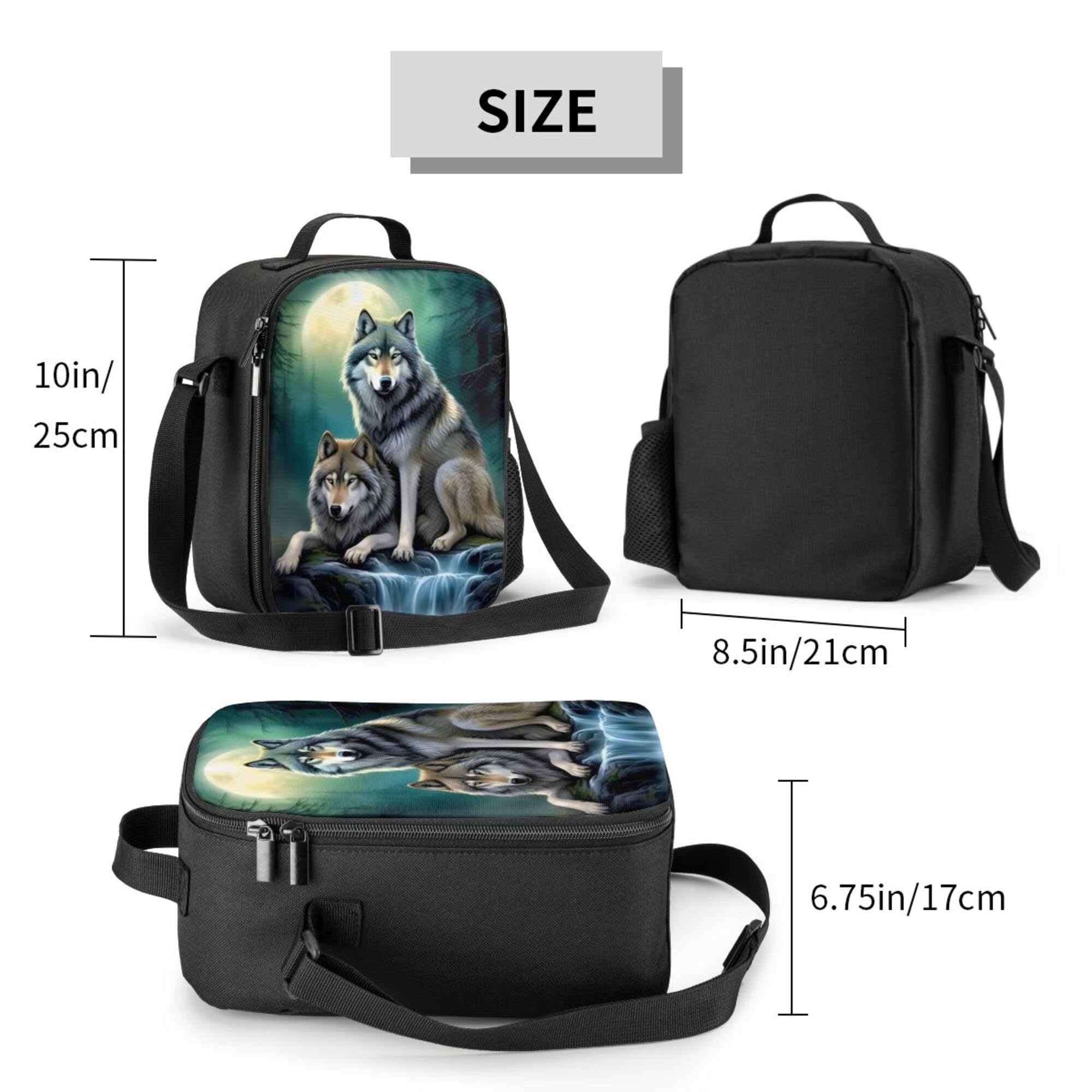 PrelerDIY Wolf Lunch Box - Insulated Lunch Box for Kids Funny 3D Design with Side Pocket & Shoulder Strap Lunch Bag Perfect for School/Camping/Hiking/Picnic/Beach/Travel