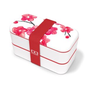 monbento - bento box mb original blossom with compartments - 2 tier leakproof lunch box for work and meal prep - bpa free - food grade safe - japanese flowers - red & white