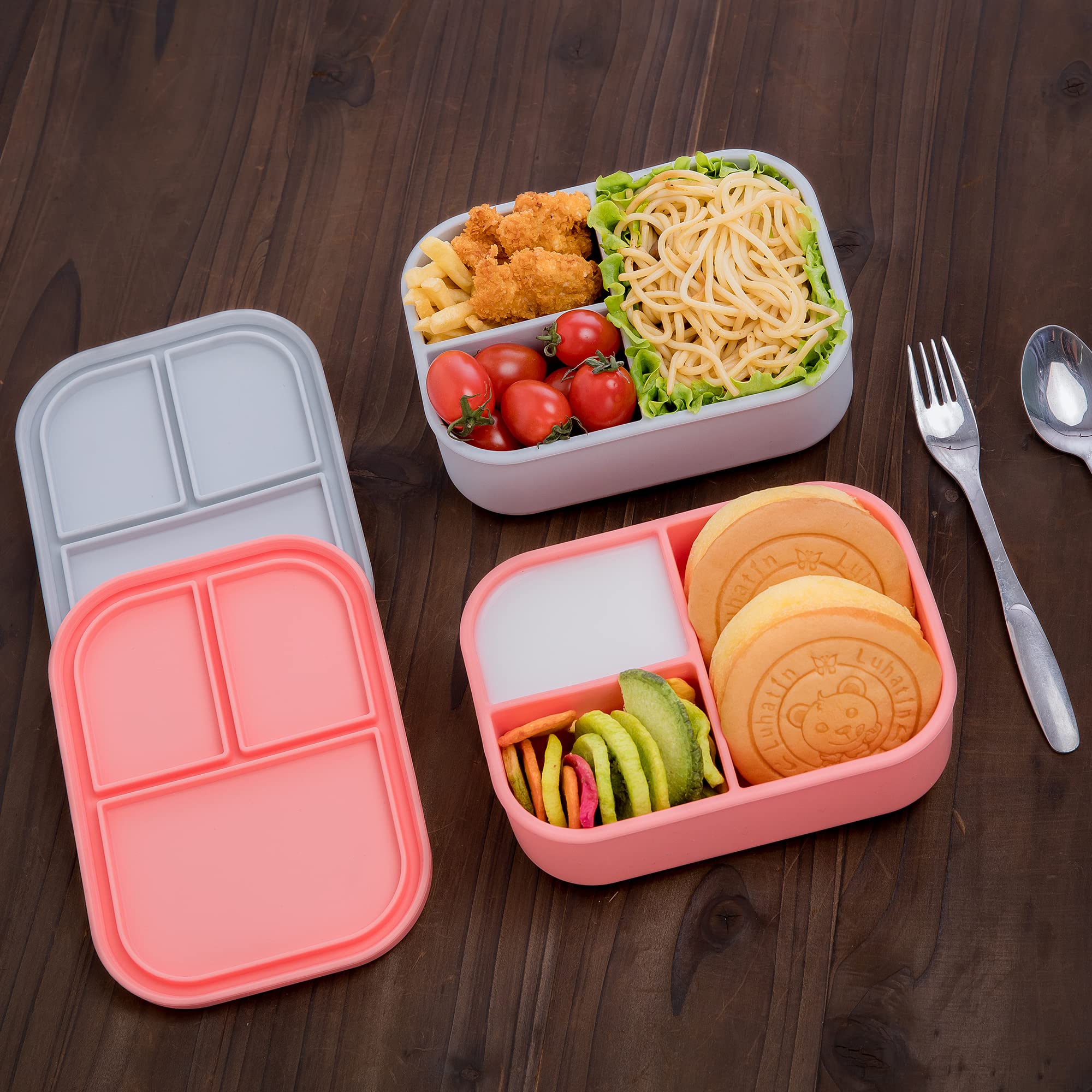 AirTaxiing Silicone Bento Box Lunch Box Microwave Freezer and Dishwasher Safe Food Container with Compartments BPA-Free Leak-Proof Drop-Proof Bento Box (Pink)