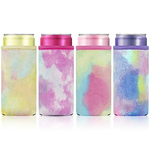 BAGnoREGio 4-Pack Tie Dye Faux Fur Neoprene 12oz Slim Can Cooler Sleeves (Rainbow Multi color)