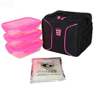 Motivator Cube Meal Prep Lunch Bag with 3 BPA-Free, Reusable, Microwavable, Freezer Safe, Portion-Controlled Containers, Lunch Box with Storage Pockets (Black/Pink)