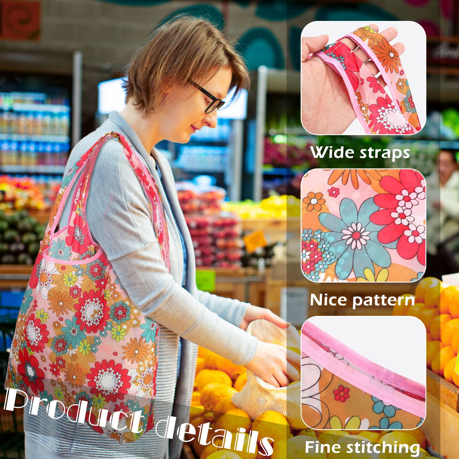 15 Pack Reusable Grocery Bags 50LBS Foldable Grocery Shopping Bags Nylon Tote Washable Bag with Handles Large Waterproof Tote (Plant Style)