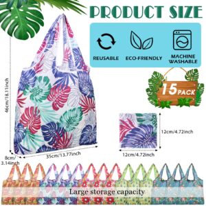 15 Pack Reusable Grocery Bags 50LBS Foldable Grocery Shopping Bags Nylon Tote Washable Bag with Handles Large Waterproof Tote (Plant Style)