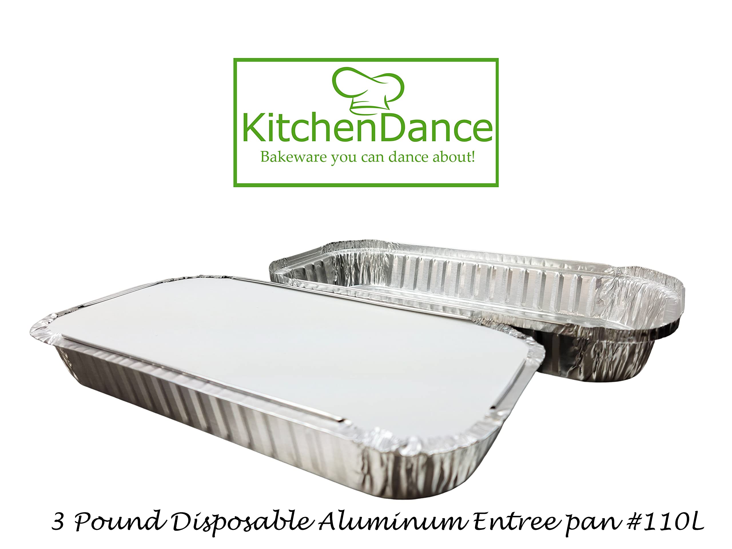 KitchenDance Disposable Aluminum 3 Lb Oblong Food Storage Pans with Board Lids - 48 Ounces Non-Stick Pans for Restaurants, Caterers - Baking Pan Perfect for Cooking, Preparing Food, 110L, 100 Count