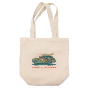 lantern press capitola, california, woody with surfboard, contour (100% cotton canvas reusable tote bag)