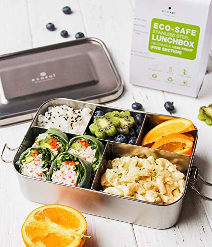 ecozoi Stainless Steel Lunch Box, 1-Tier Metal Bento Box Leak Proof with 5 Compartments, 50 Oz Metal Lunch Container, Meal Prep Food Container, with 50 ml Sauce Container