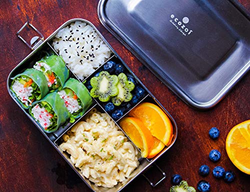 ecozoi Stainless Steel Lunch Box, 1-Tier Metal Bento Box Leak Proof with 5 Compartments, 50 Oz Metal Lunch Container, Meal Prep Food Container, with 50 ml Sauce Container