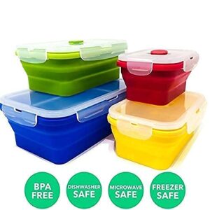 2 Set of 4 Collapsible Silicone Food Storage Container, Leftover Meal box For Kitchen, Bento Lunch Boxes, BPA Free, Microwave, Dishwasher and Freezer Safe. Foldable Design Saves Your Space.