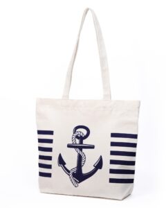 langcygo nautical theme anchor cotton canvas tote bag with an inner pocket, top zipper closure reusable grocery bags for women,school shopping,beach grocery (anchor l)