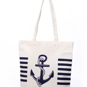 LANGCYGO Nautical Theme Anchor Cotton Canvas Tote Bag with an Inner Pocket, Top Zipper Closure Reusable Grocery Bags For Women,School Shopping,Beach Grocery (Anchor L)